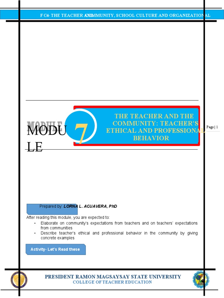 Module 7 The Teacher and The Commnity Teachers Ethical and Professional ...