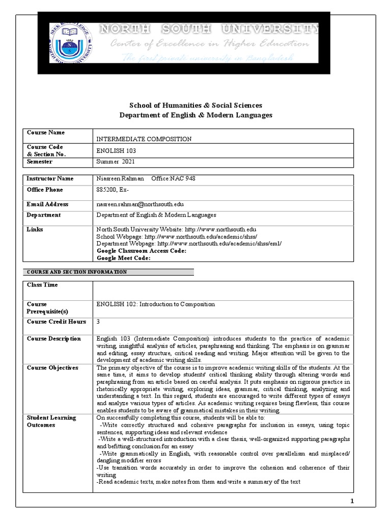 English 103 Course Overview and Details | PDF | Test (Assessment) | Essays