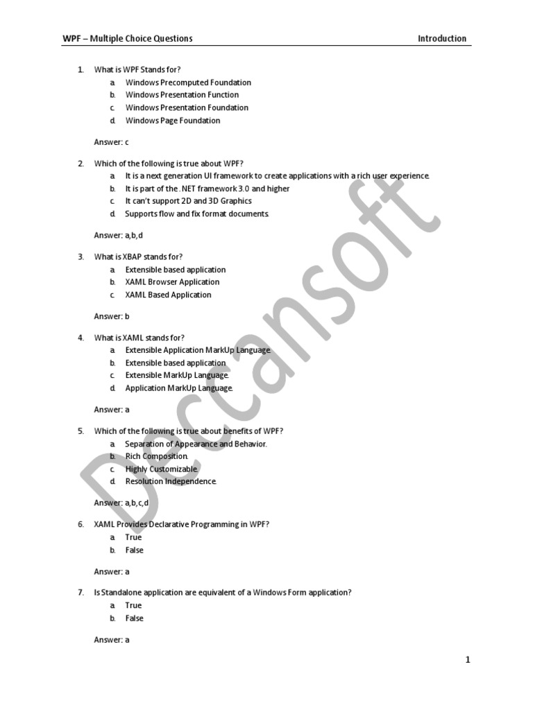 WPF - Multiple Choice Questions Introduction | PDF | Windows Presentation Foundation ...