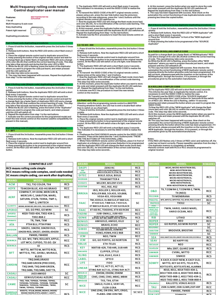 Multi Frequency Rolling Code Remote Control Duplicator User Manual ...