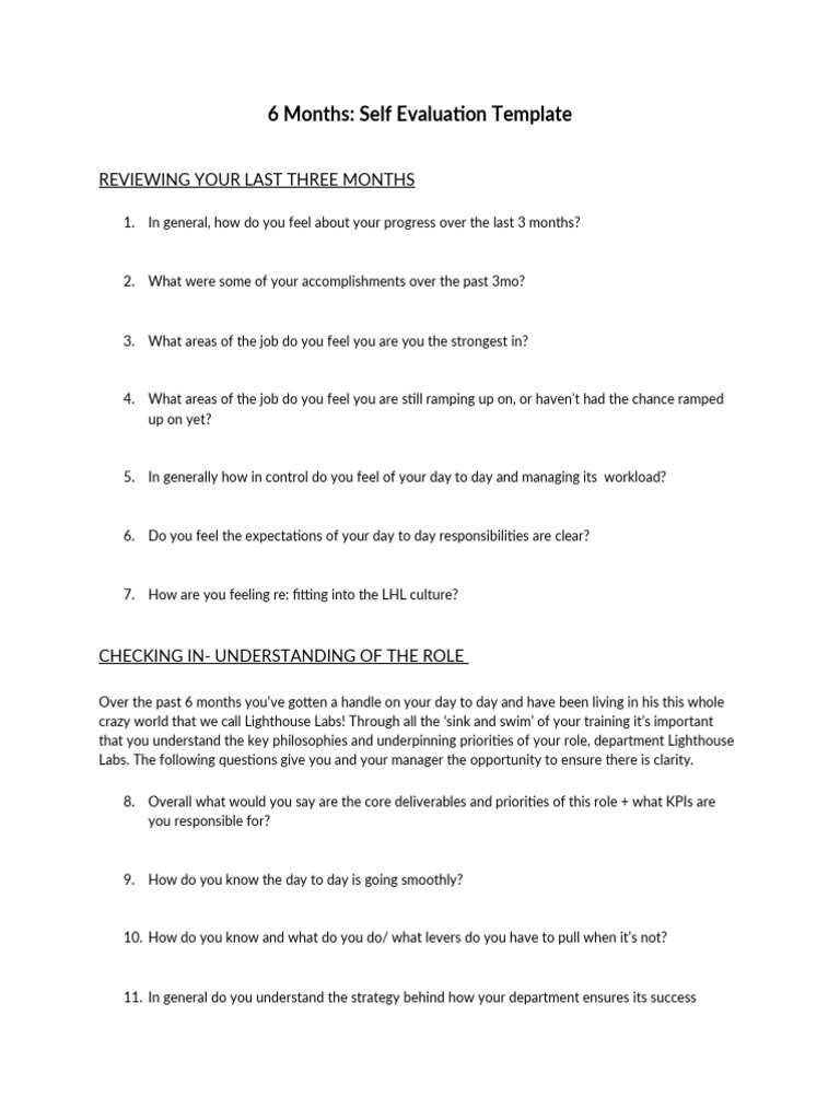 6-Month Self-Evaluation Template | PDF | Learning | Psychological Concepts