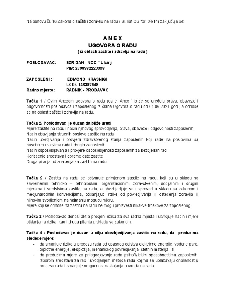 Anex Ugovora o Radu | PDF