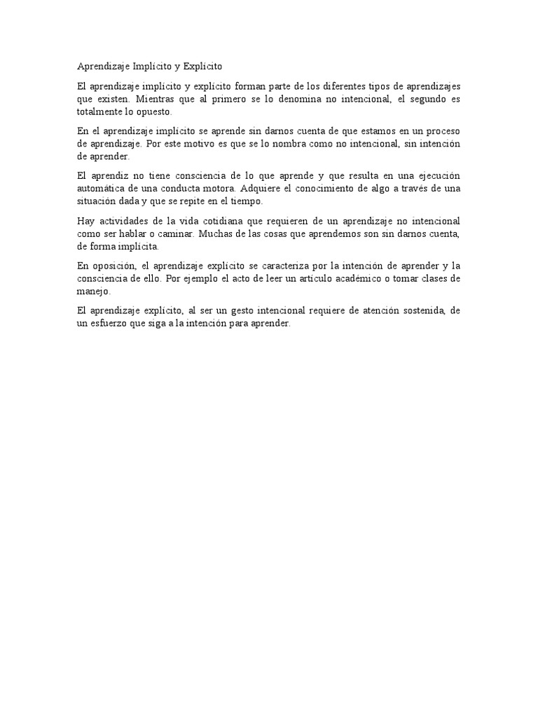Tipos de Aprendizaje: Implícito y Explícito | PDF