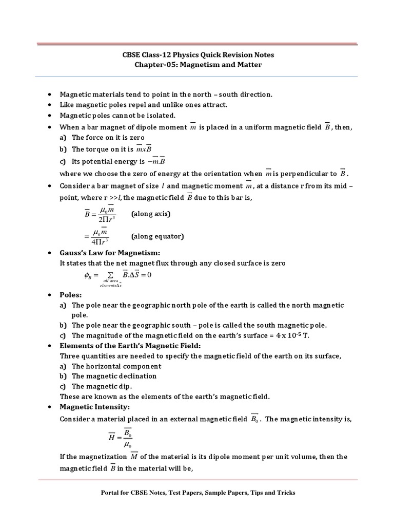 CBSE Class-12 Physics Quick Revision Notes Chapter-05: Magnetism and ...