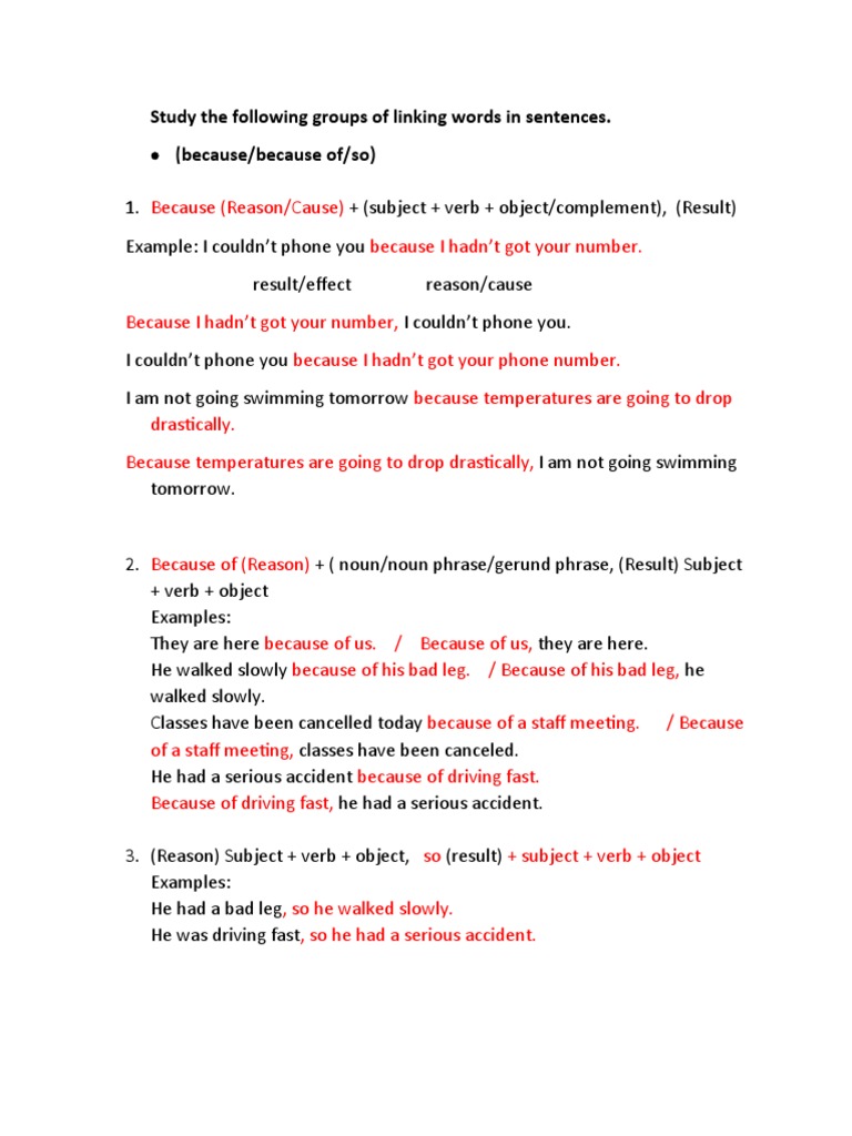 Cause Effect Linking Words | PDF | Verb | Cognition