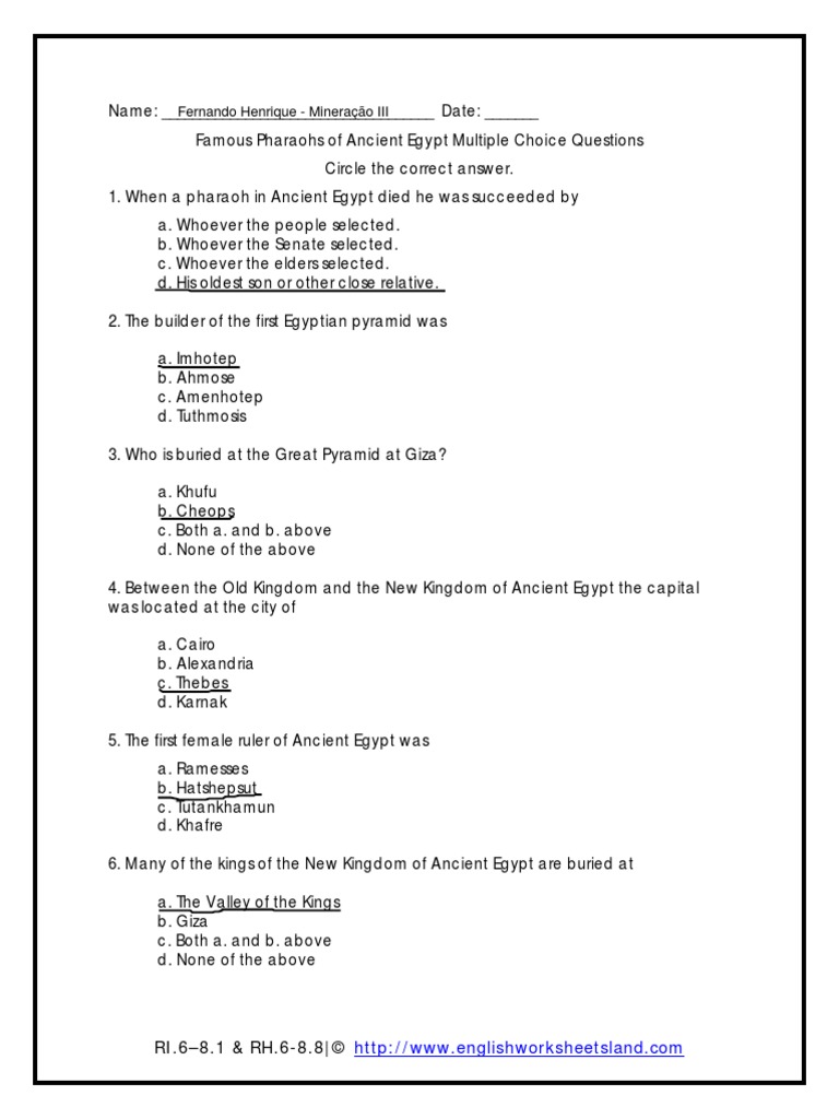 Ancient Egypt Pharaoh Multiple Choice Quiz | PDF