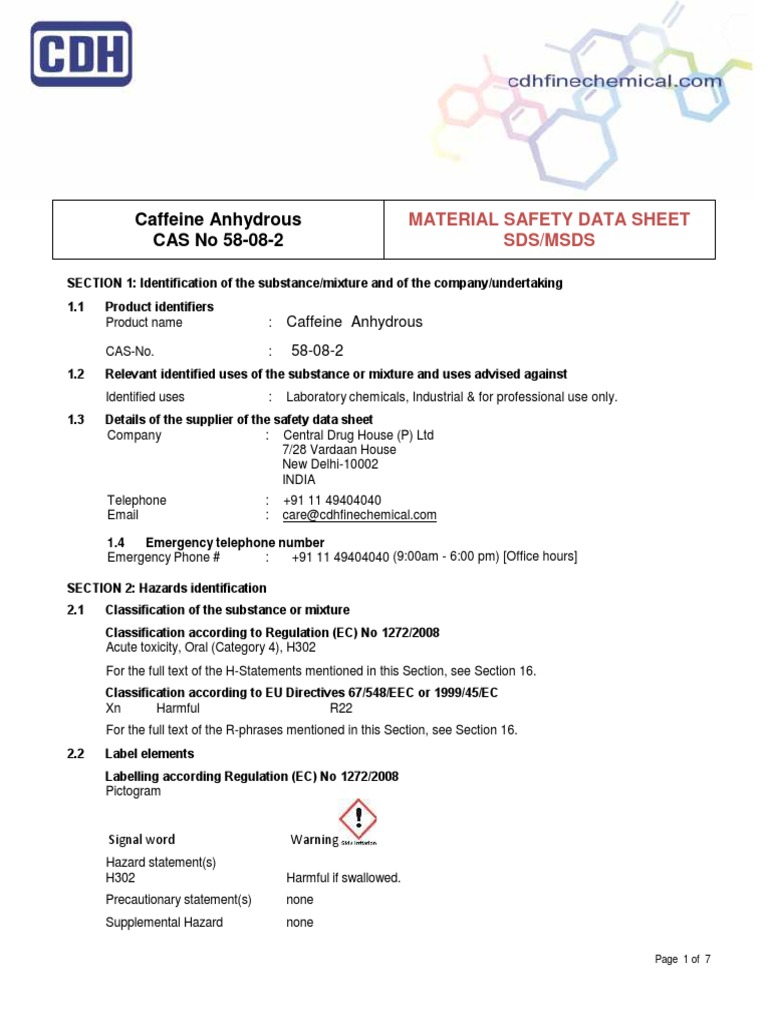 Caffeine MSDS | Download Free PDF | Dangerous Goods | Toxicity