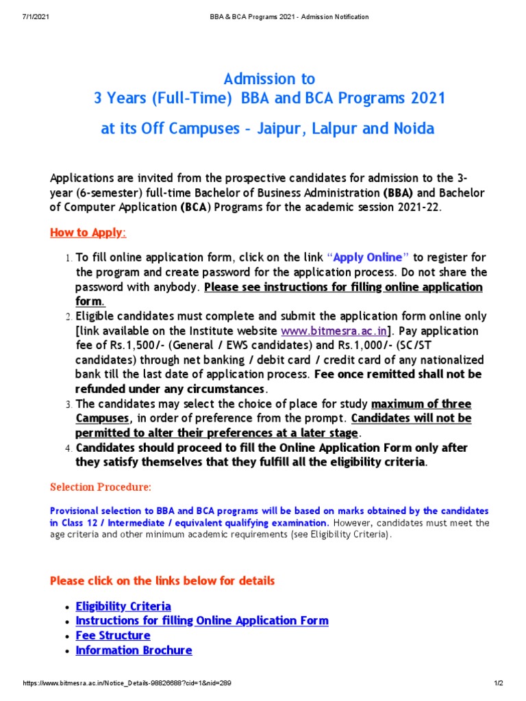 BBA & BCA Admission Notification 2021 | PDF | University And College ...