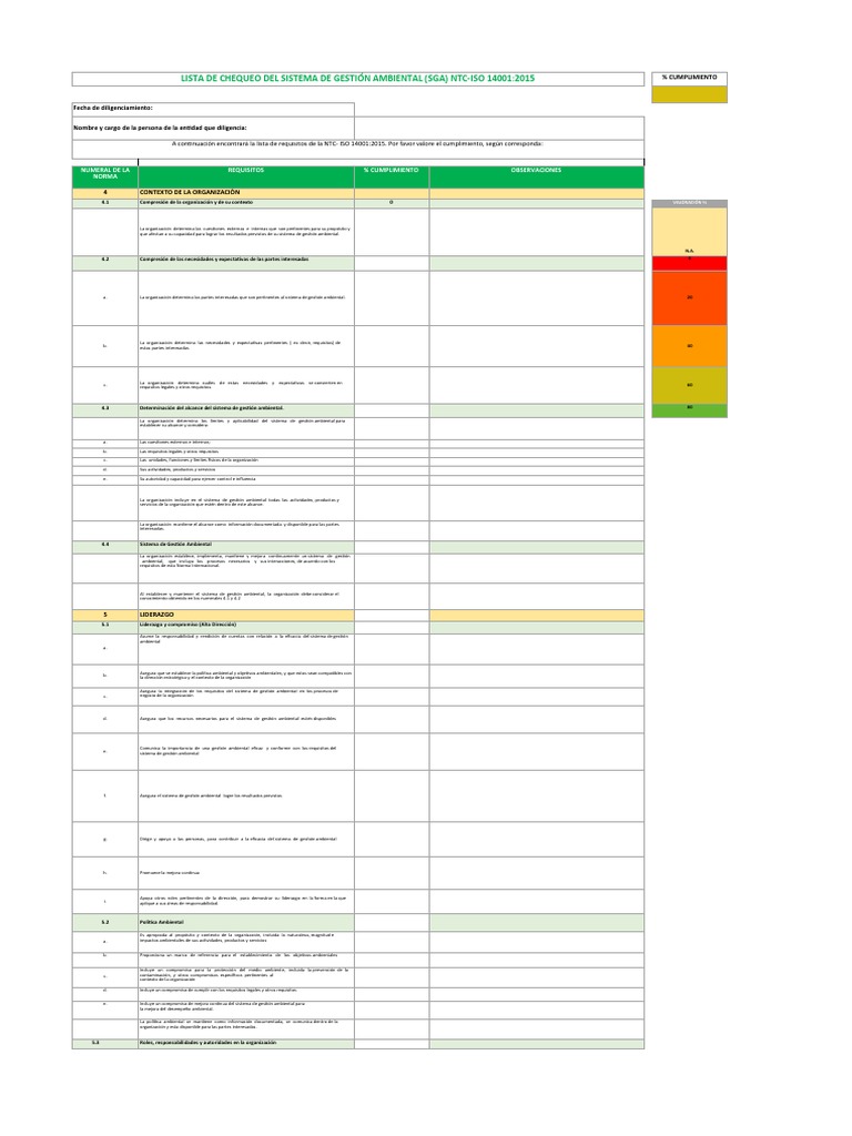 Diagnostico Lista de Chequeo Del Sga NTC - Iso 14001 - 2015 | PDF | Planificación | Auditoría