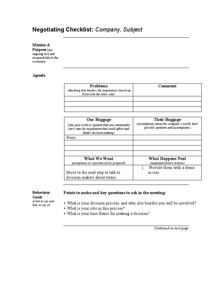 Negotiating Checklist: Company, Subject: Problems Comment | PDF