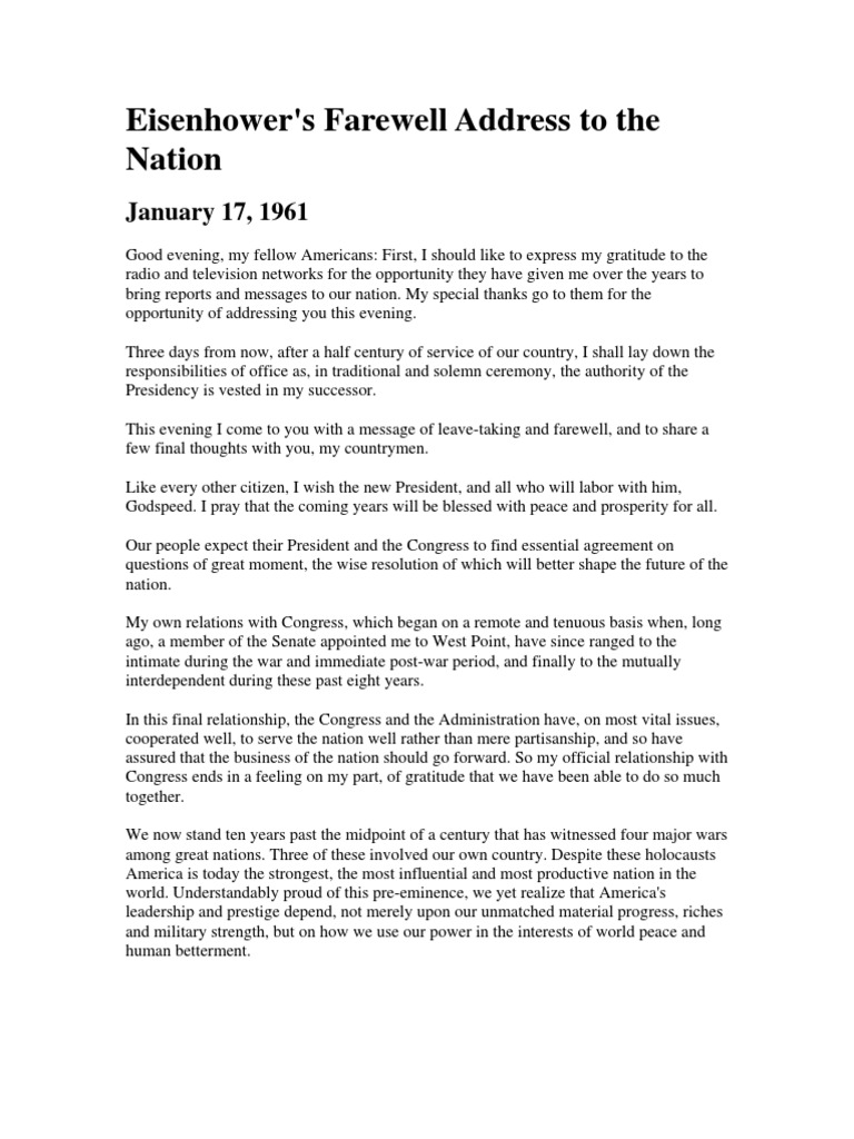 Eisenhower's Farewell Address To The Nation: January 17, 1961 | PDF ...