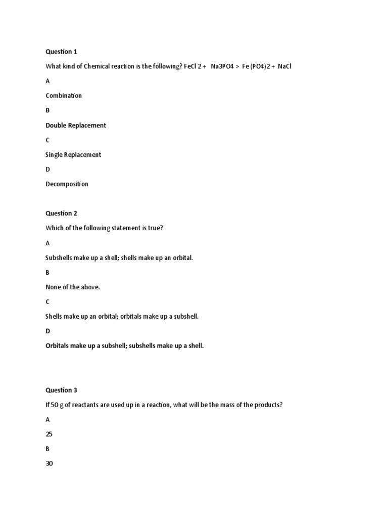 Chem Sample Test | PDF | Chemical Reactions | Proton