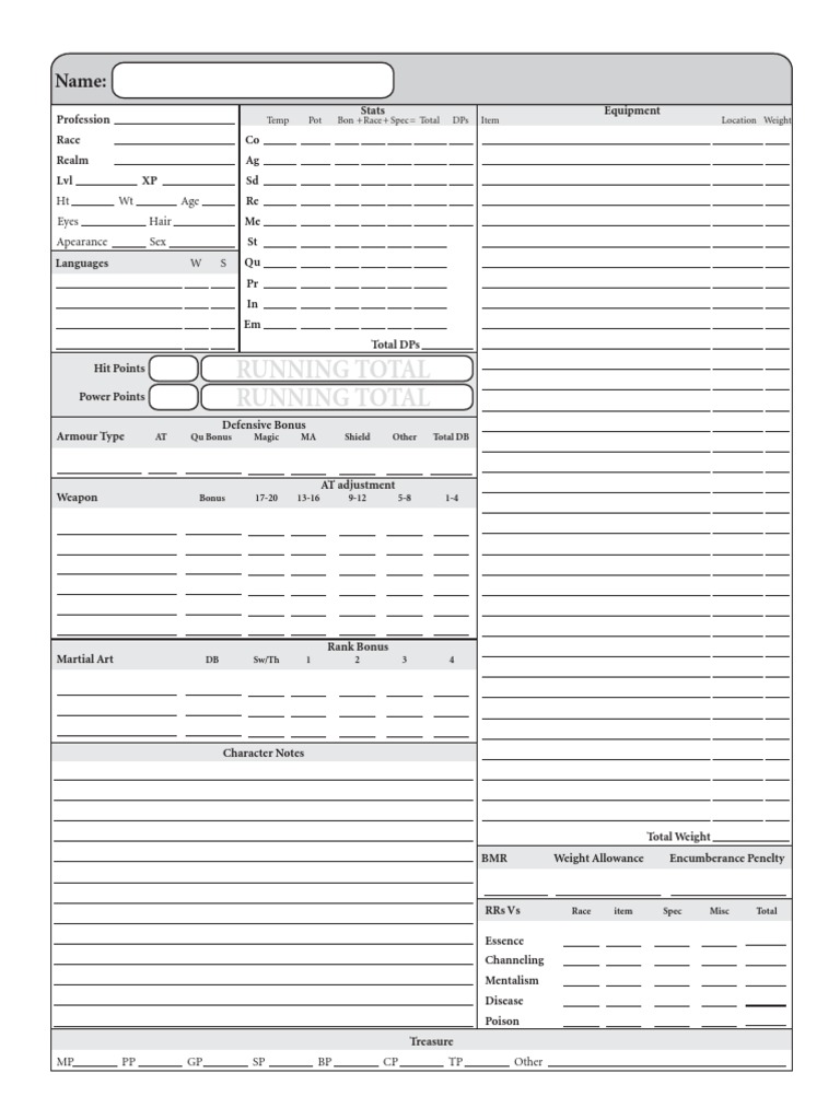 ICE 6501 - Rolemaster Classic - Character Sheet | PDF | Gaming ...