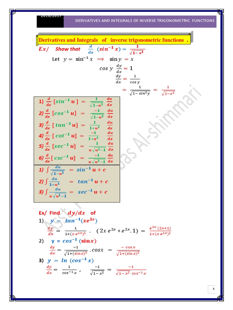 Derivative and Integral of Inverse Trigonometric Functions | PDF ...