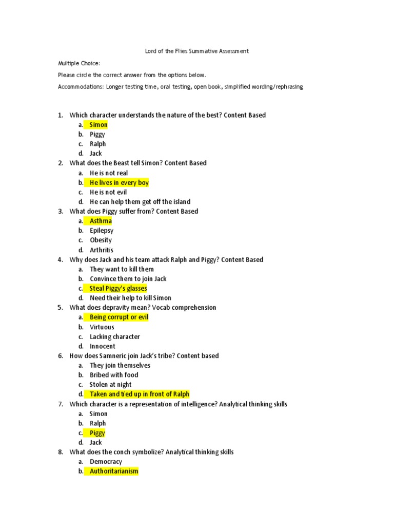 Lord of The Flies Summative Assessment | PDF
