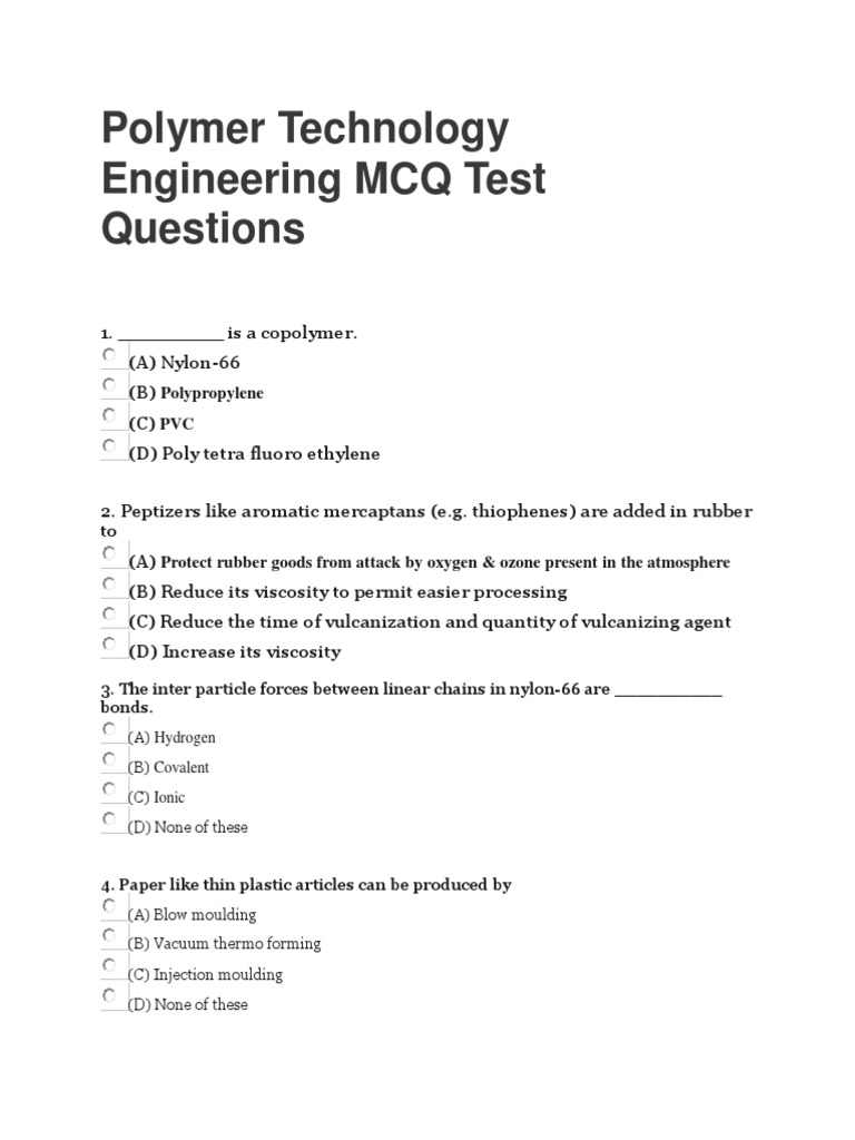 Polymer Technology Engineering MCQ Test Questions | PDF
