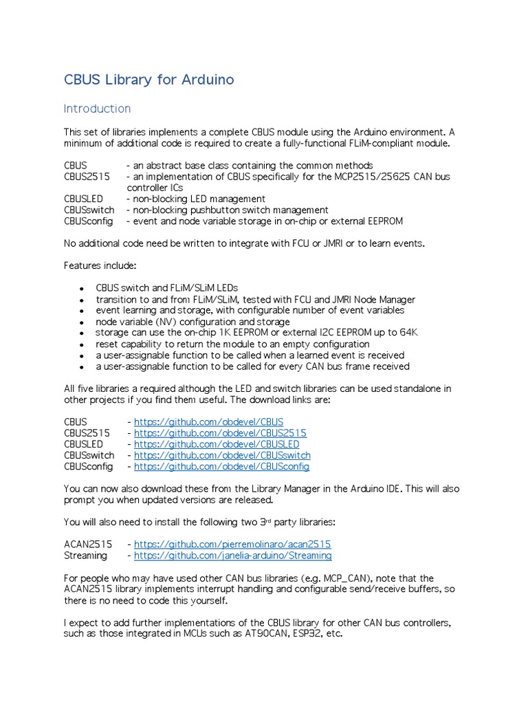 Arduino CBUS Library Instructions 1.1 | PDF | Arduino | Information Age