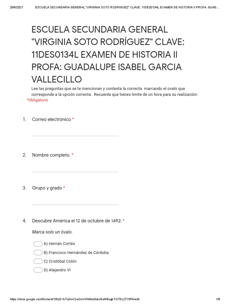 Examen de Historia II de la Escuela Secundaria Virginia Soto Rodríguez ...