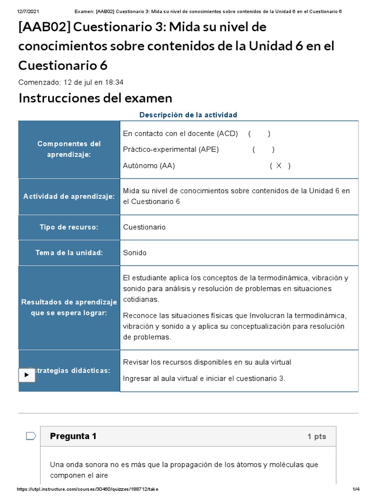 Examen - (AAB02) Cuestionario 3 - Mida Su Nivel de Conocimientos Sobre Contenidos de La Unidad 6 ...