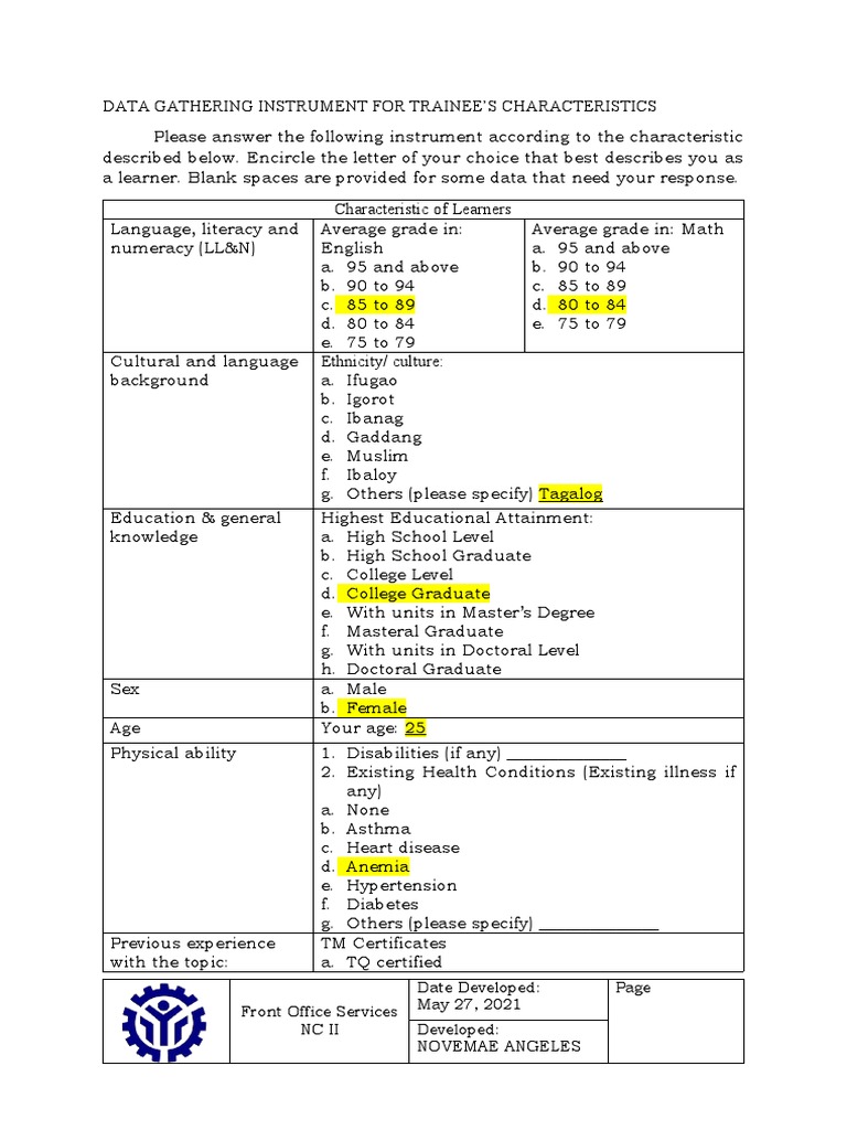 Data Gathering Instrument For Trainees Characteristics | PDF | Teaching ...