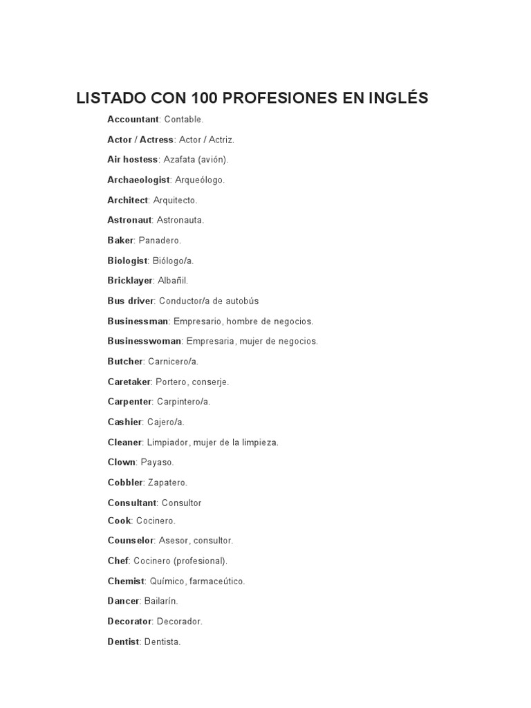 Listado Con 100 Profesiones en Inglés | Unduh gratis PDF | Employment | Health Care