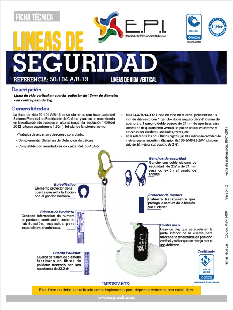 Ficha Tecnica de Linea de Vida Vertical Ref 50-104 B Serial 3843603 | PDF | Cuerda