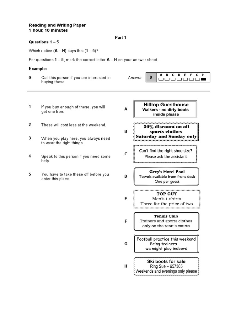 KET Reading and Writing Practice Test | PDF | Workweek And Weekend