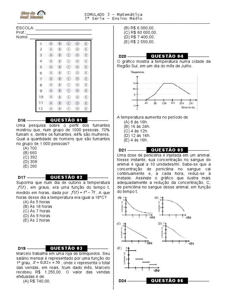 Simulado 3 - (Mat. 3 Série EM) - Blog Do Prof. Warles | PDF | Função ...