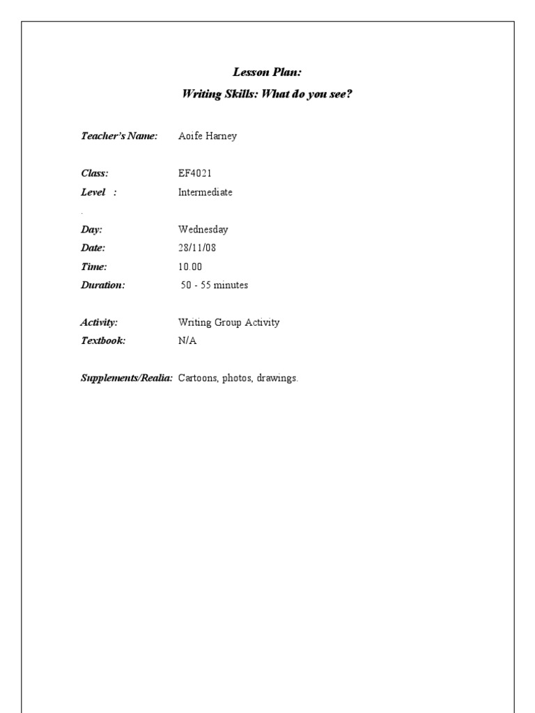 Lesson Plan: Writing Skills: What Do You See?: Teacher's Name | PDF ...