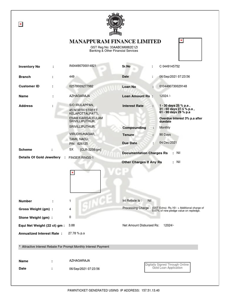 Manappuram Finance Limited: SR - No | PDF | Loans | Interest