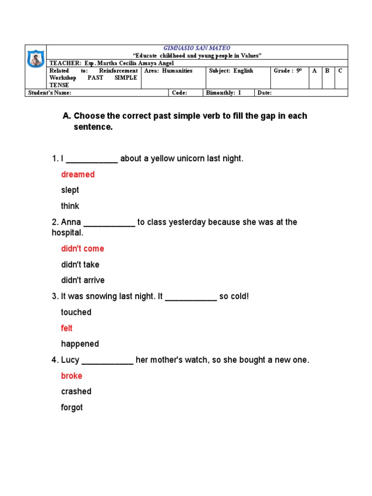 REINFORCEMENT WORKSHOP SIMPLE PAST TENSE 10° GRADE Yeison Coy 06 | PDF