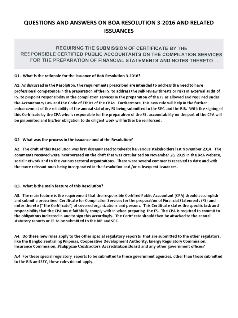 Questions and Answers On Boa Resolution Feb 3 | PDF | Certified Public ...