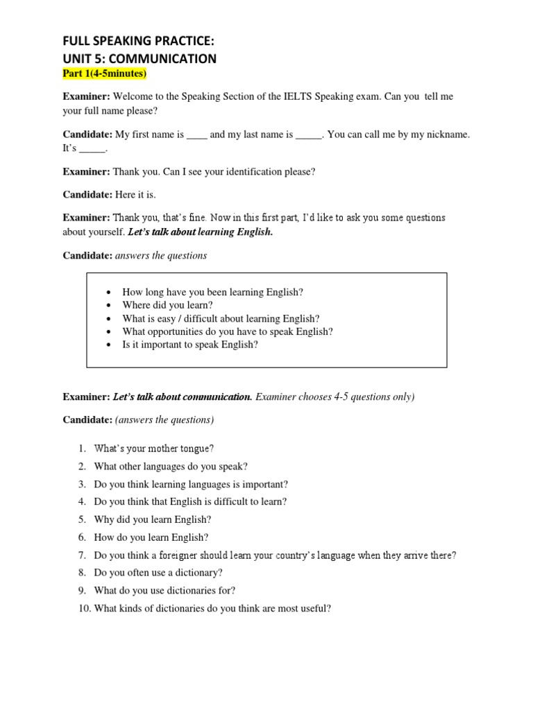 Unit 5 Communicaiton Full Speaking Practice | PDF | Question | English ...
