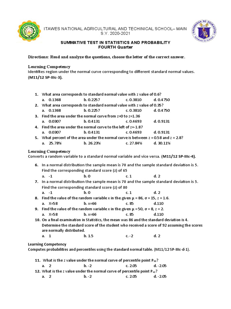 4th Periodic Exam in Stat and Prob | PDF | Sampling (Statistics) | Normal Distribution