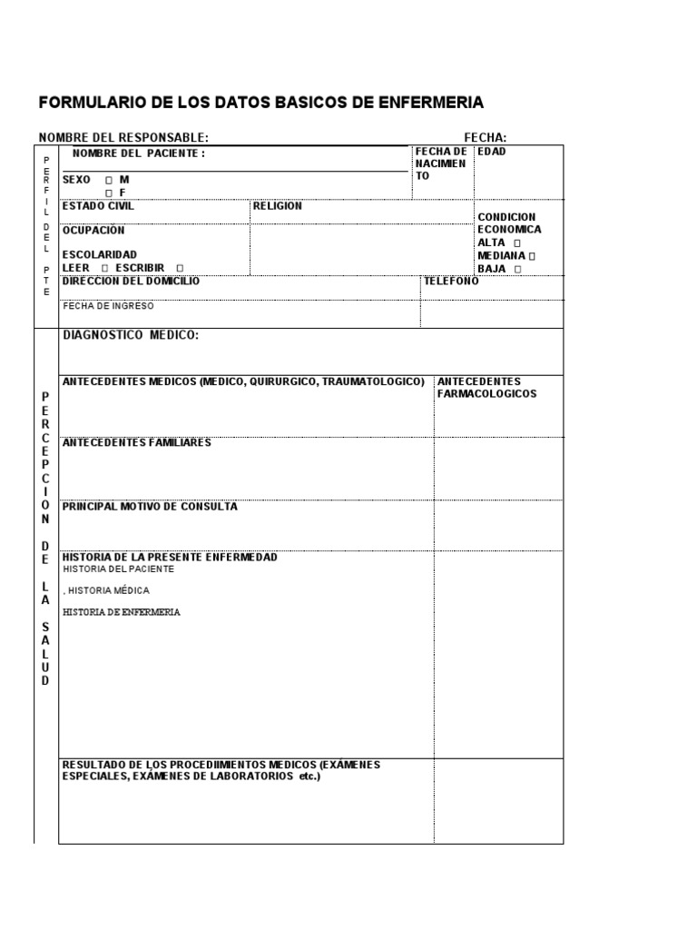 Formulario de Los Datos Basicos de Enfermeria en Blanco, 11 Patrones de Margorie Gordon | PDF ...