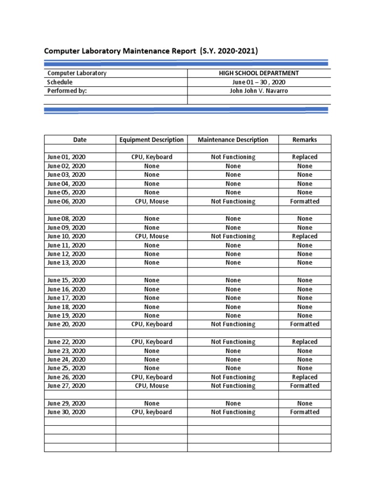 Computer Laboratory Maintenance Report 2020 | PDF | Computer ...