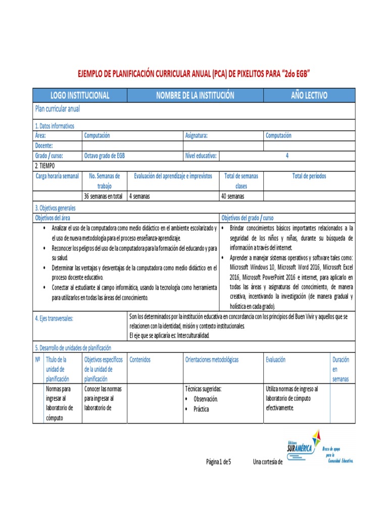PLANIFICACIÓN CURRICULAR ANUAL Pixelitos 2do EGB | PDF | Microsoft ...