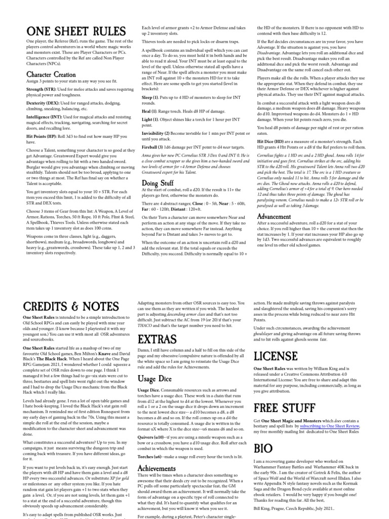 One Sheet Rules v1.1 | PDF | Adventure Games | Tabletop Games
