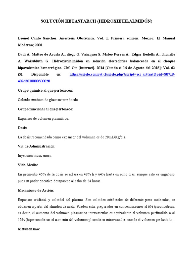 Solución Hetastarch | PDF | Medicamentos con receta | Medicina CLINICA