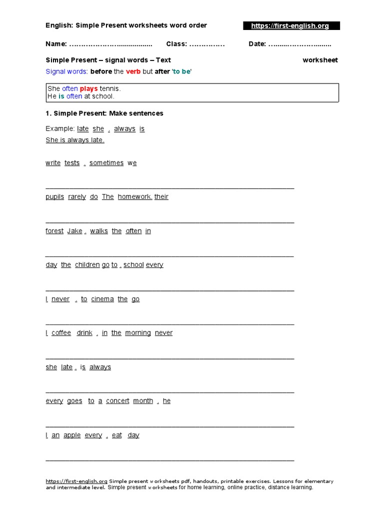 Simple Present 20 Signal Words Word Order | PDF