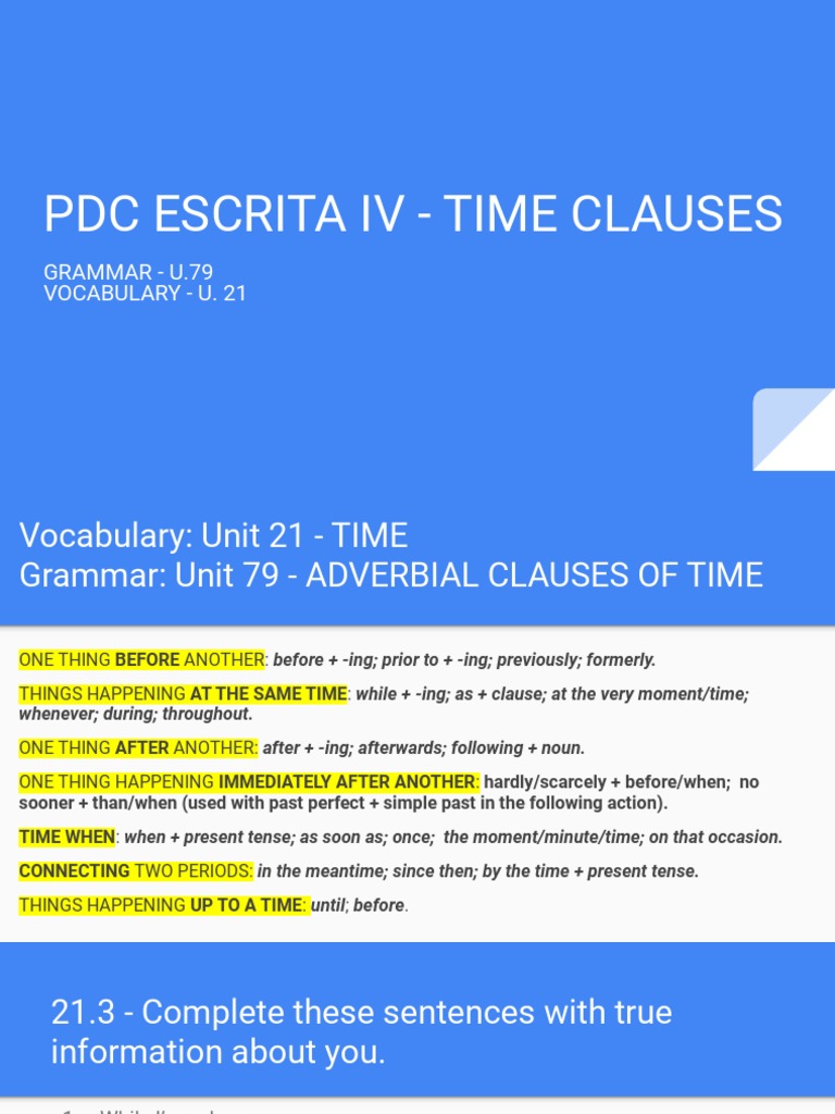 Time Clauses: Grammar & Vocabulary | PDF | Syntax | Grammatical Tense