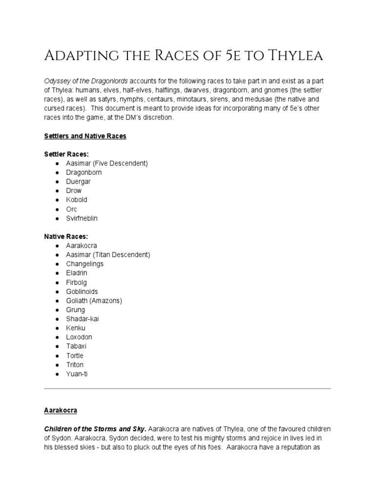 OotDL - Adapting The Races of 5e To Thylea | PDF