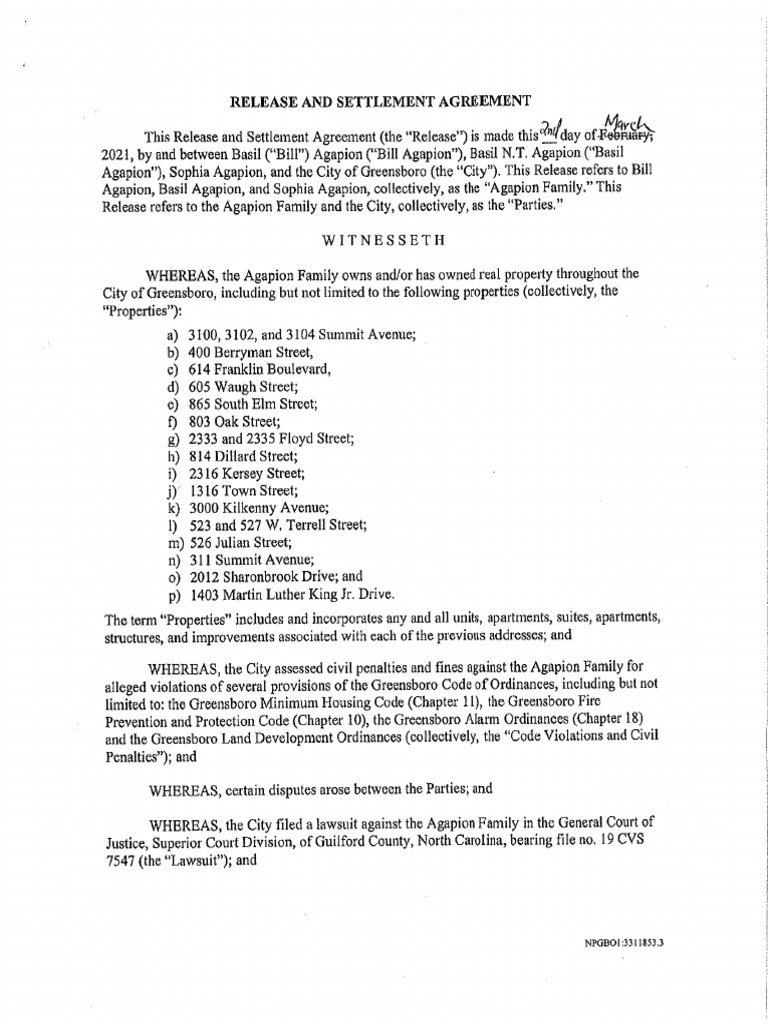 Agapion Family - City of Greensboro - Executed Settlement | PDF