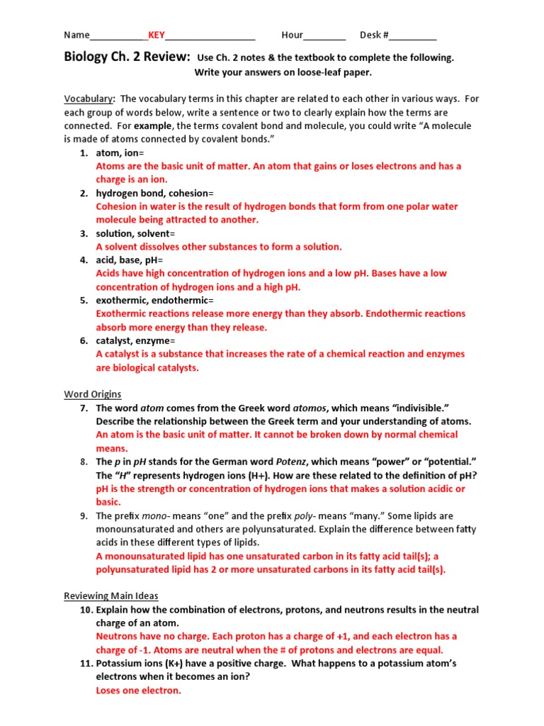 Biology Ch. 2 Review Questions KEY 1 | PDF | Ion | Chemical Reactions