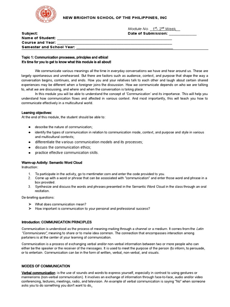 Topic 1 Module 1 Communication Processes, Principles, and Ethics | PDF ...