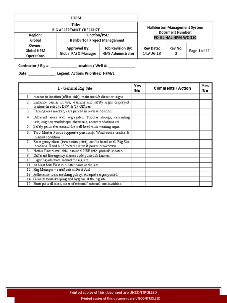 Format Rig Acceptance Checlist (FO-GL-HAL-HPM-WC-310 | PDF | Manufactured Goods | Equipment
