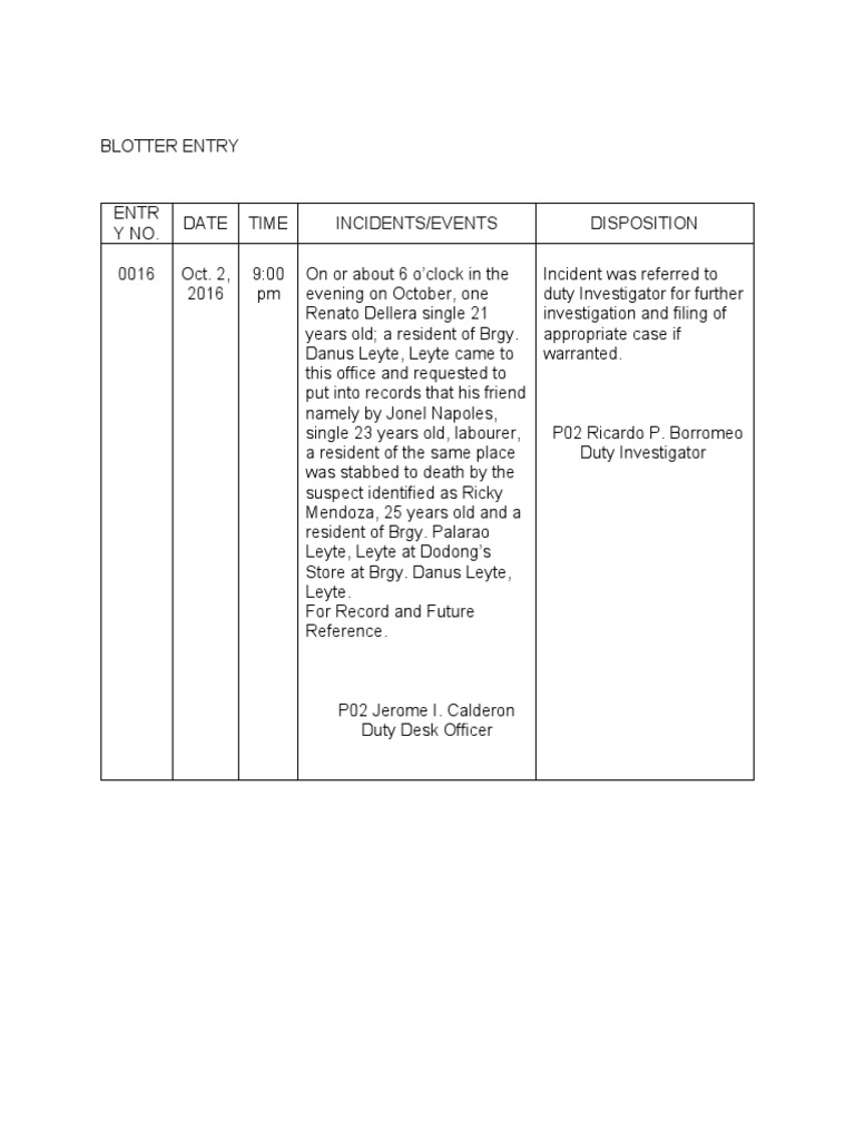Police Blotter Entry Example | PDF