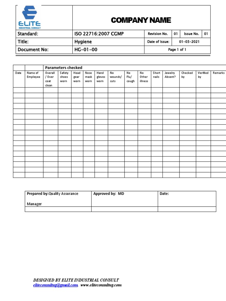 Hygiene SOP Compliance Checklist | PDF
