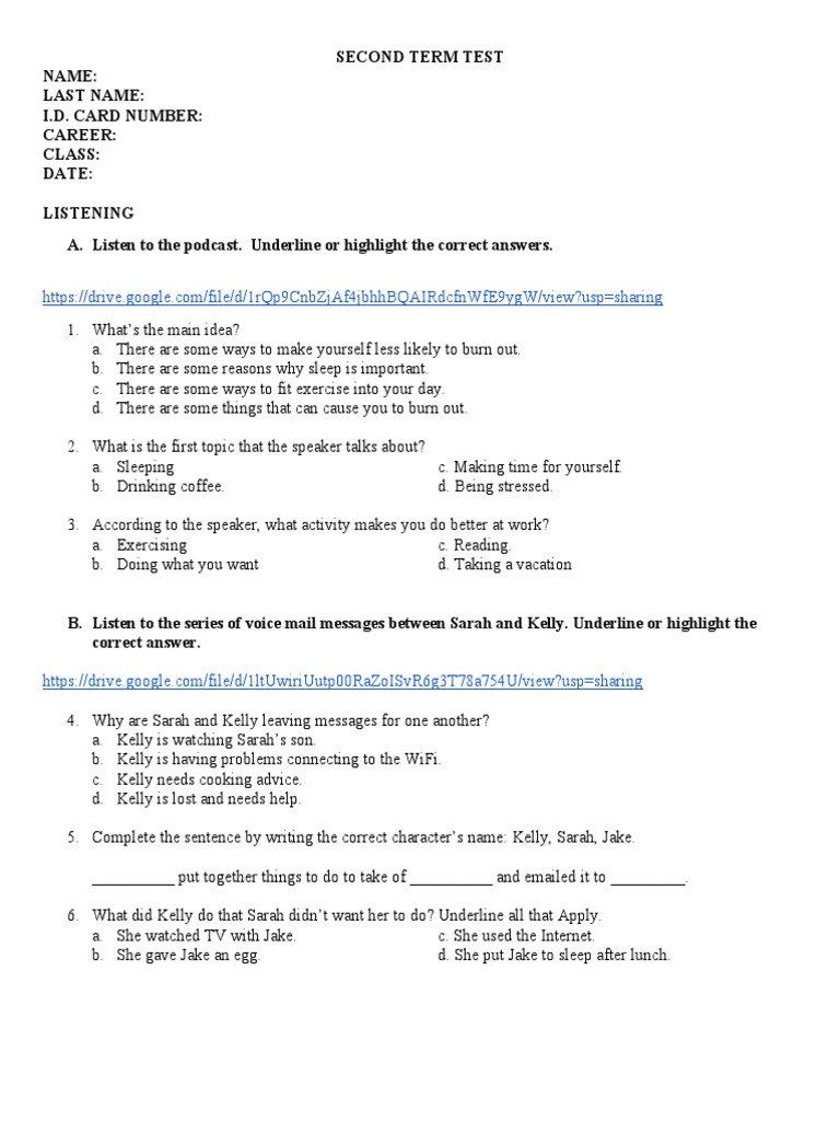 Template - Second Term Test Level 3 | PDF