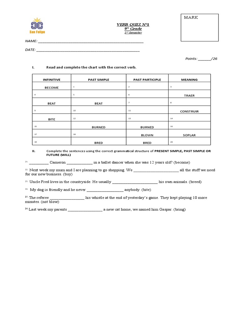 9th Grade Verb Quiz: Tenses Practice | PDF | Verb | Syntax